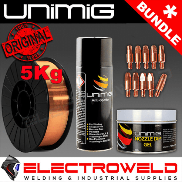 Unimig 5kg ER70S-6 Mig Steel Welding Wire + Contact Tips + Spatter Spray + Gel, Gas Shielded ...