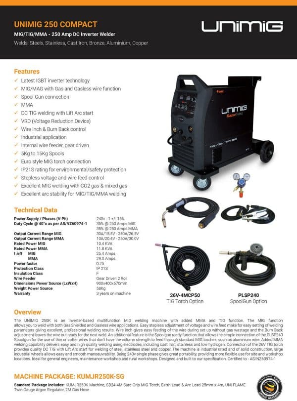 Unimig Razor 250 Mig / Tig / Mma Compact Welder Kumjr250k-sg - Best Prices Online - Electroweld