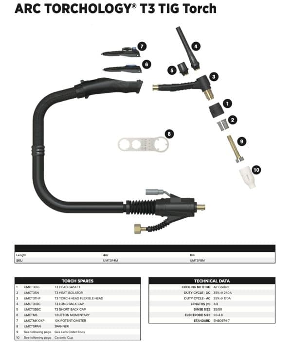 Unimig T3 TIG Torch, 4m / 8m 240a, 9 Pin, Flex Head Umt3f4m - Electroweld