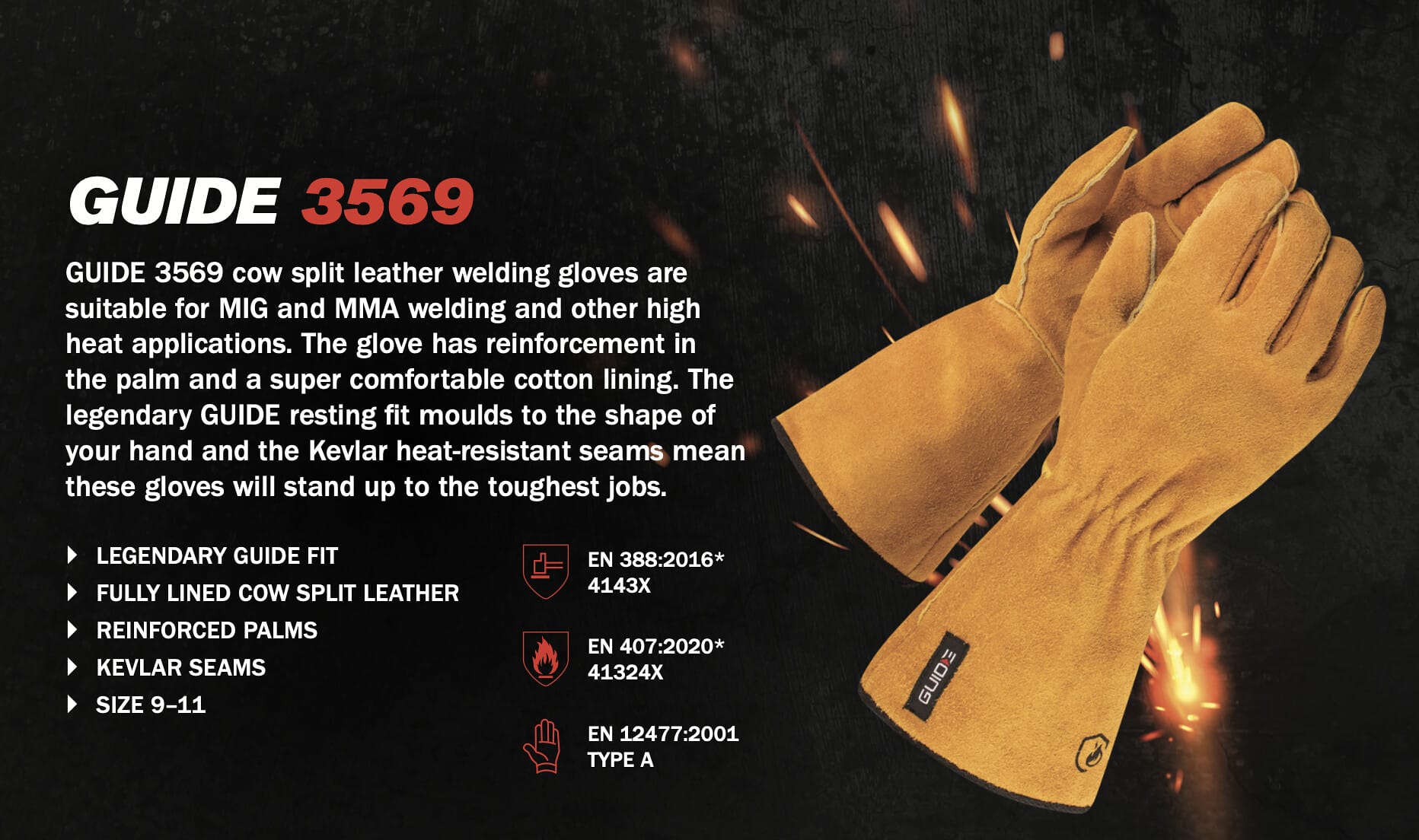 GUIDE 3569 Gauntlet Welding Gloves, Mig MMA Stick, Leather Welder Heat ...