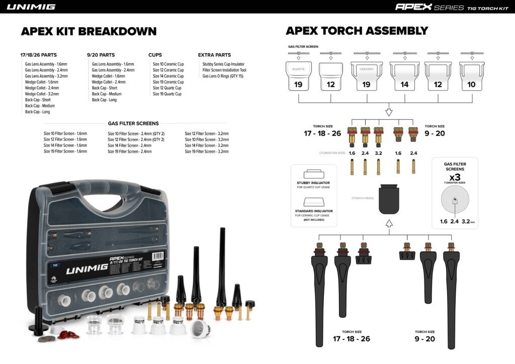 UNIMIG Apex Tig Torch Gun 9/17/18/26 Consumable Kit Gas Lens Cup Welding U42009 - Electroweld